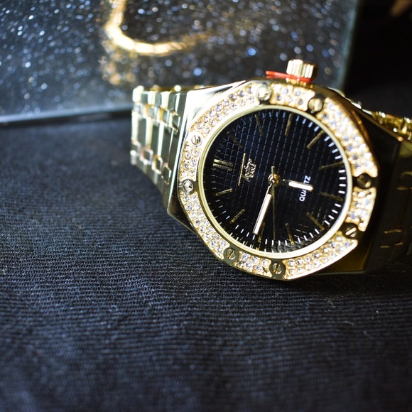 Accessories | Iced Out Octagon Shaped Black Face Dial Watch | Poshmark